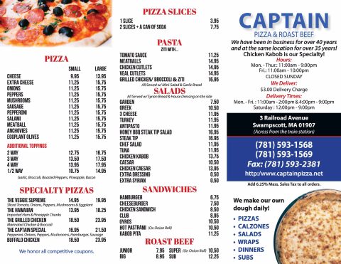 Menu | Captain Pizza & Roast Beef